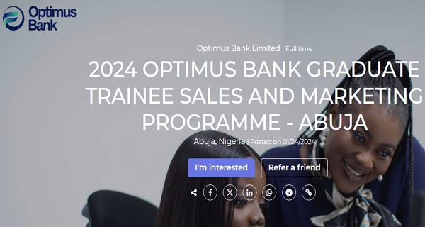 2024 Optimus Bank Graduate Trainee Sales and Marketing Programme